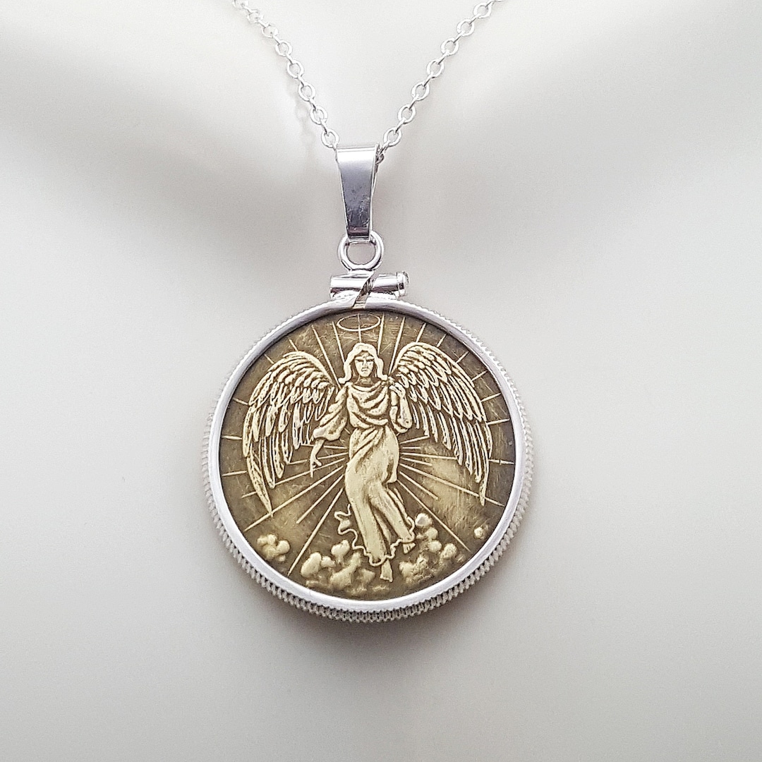 Angel Coin Necklace. Guardian Angel Necklace. Angel Token. Celestial Necklace. Sterling Silver ...
