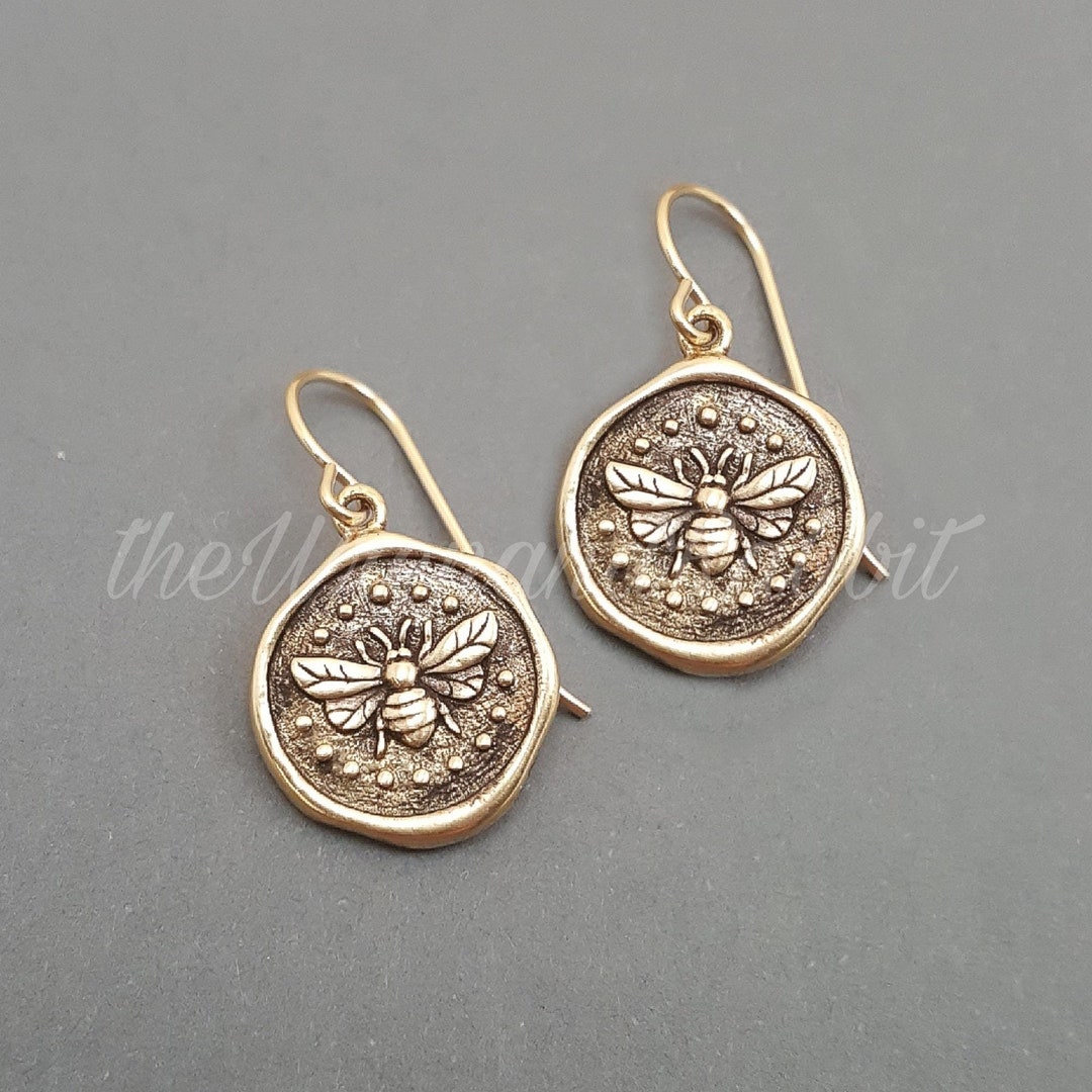 Small Bee Coin Earrings. Bee Wax Seal. Brass Bee Jewelry. Coin Jewelry ...