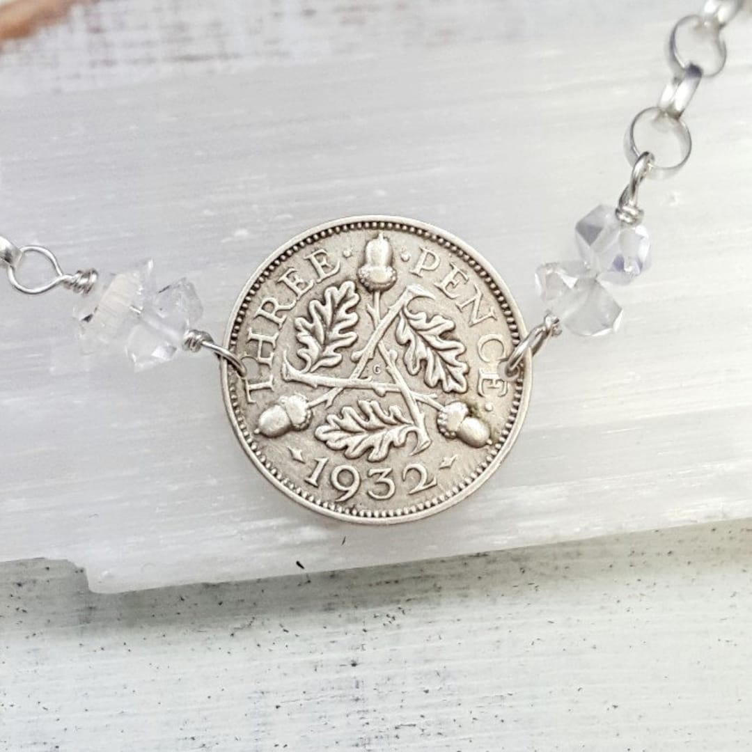 Antique Silver Coin Bracelet. 1930s Three Pence Coin. Herkimer Diamond ...