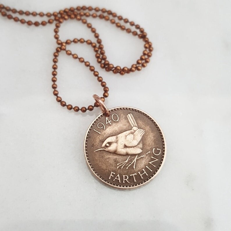 Vintage Wren Bird Coin Necklace: British Farthing Pendant, Copper Chain ...
