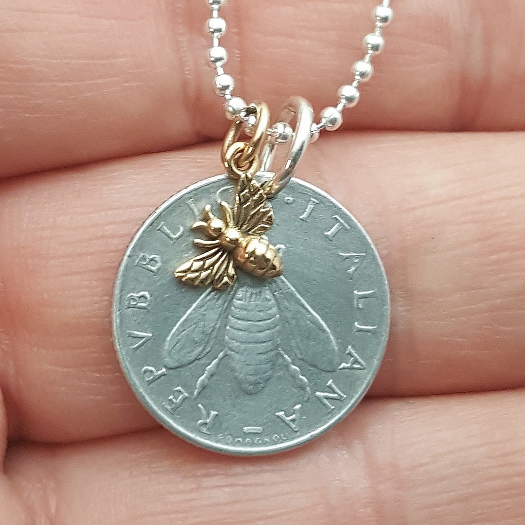Italian Bee Coin Pendant Necklace, Bronze Accent, Silverplated Chain - Etsy