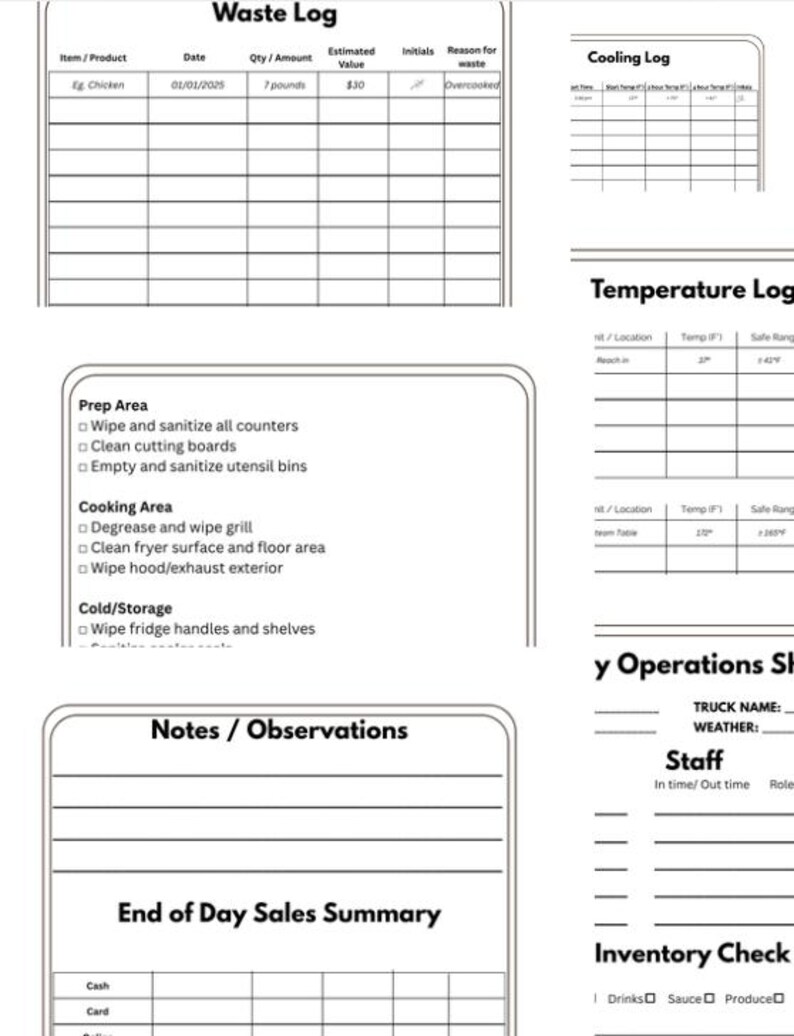 Food Truck Operations Binder | Printable Daily Log Templates (PDF) - Etsy
