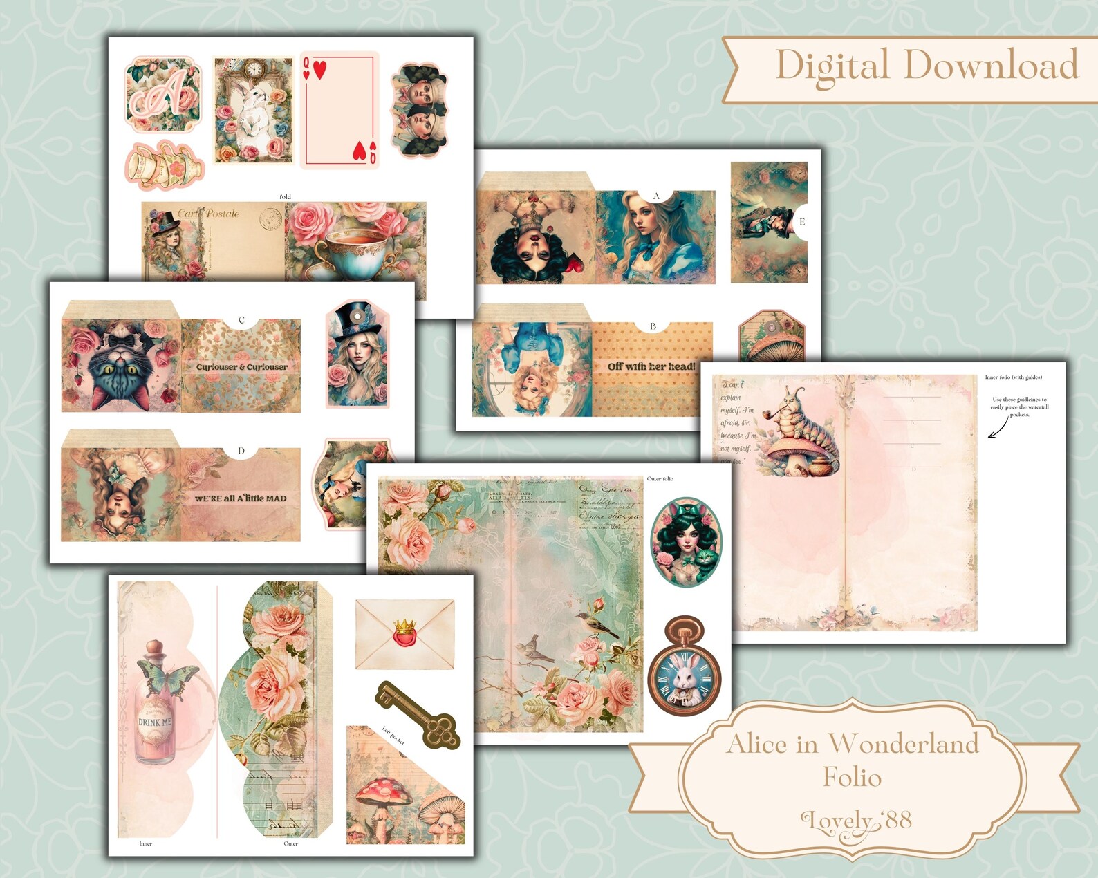 Alice in Wonderland Folio| Alice in Wonderland Junk Journal Ephemera ...