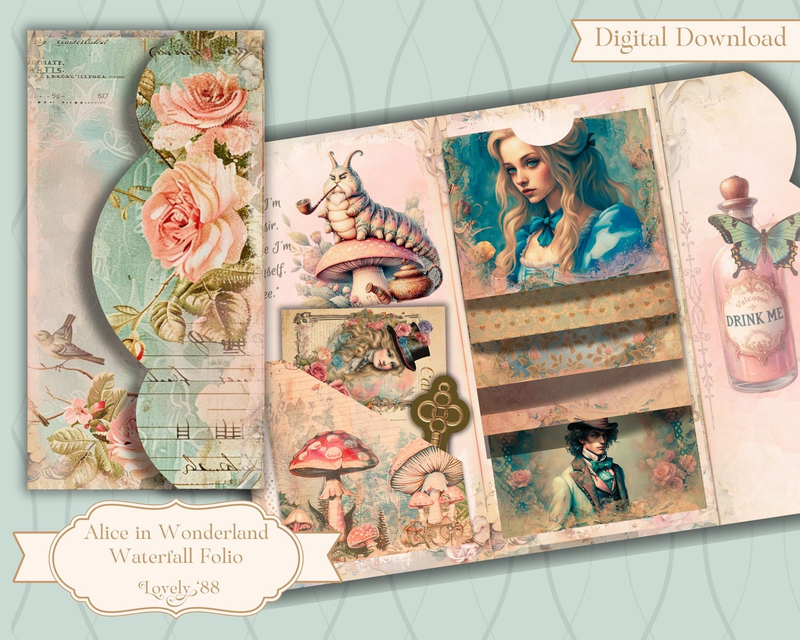 Alice in Wonderland Folio| Alice in Wonderland Junk Journal Ephemera ...