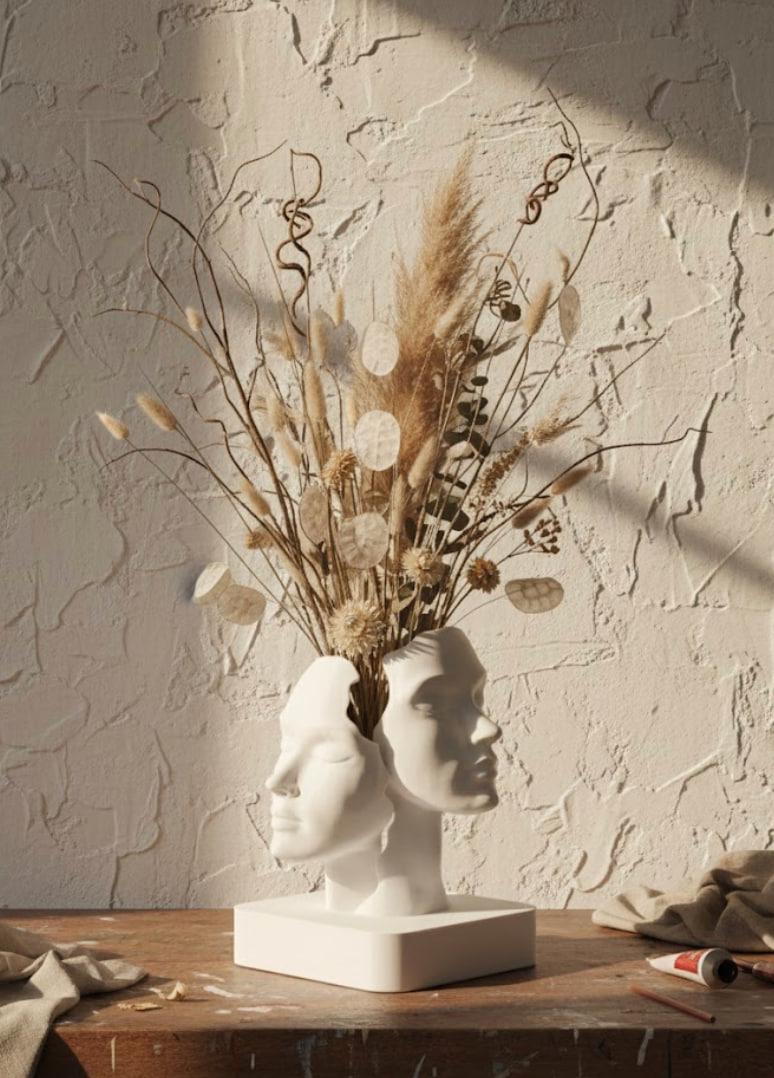 Dual Faces Vase Sculpture – Modern 3D Printed Art Piece, White ...