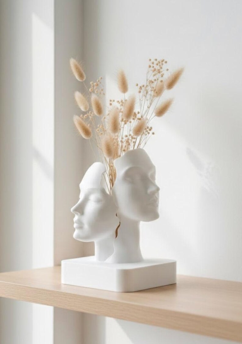 Dual Faces Vase Sculpture – Modern 3D Printed Art Piece, White ...