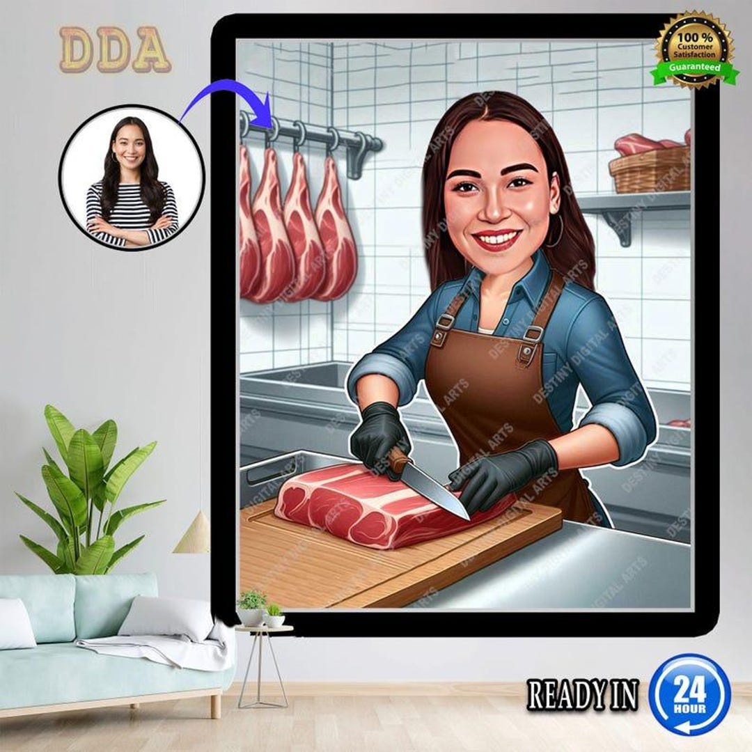 Custom Female Butcher Caricature | Cartoon Portrait From Photo | Meat ...