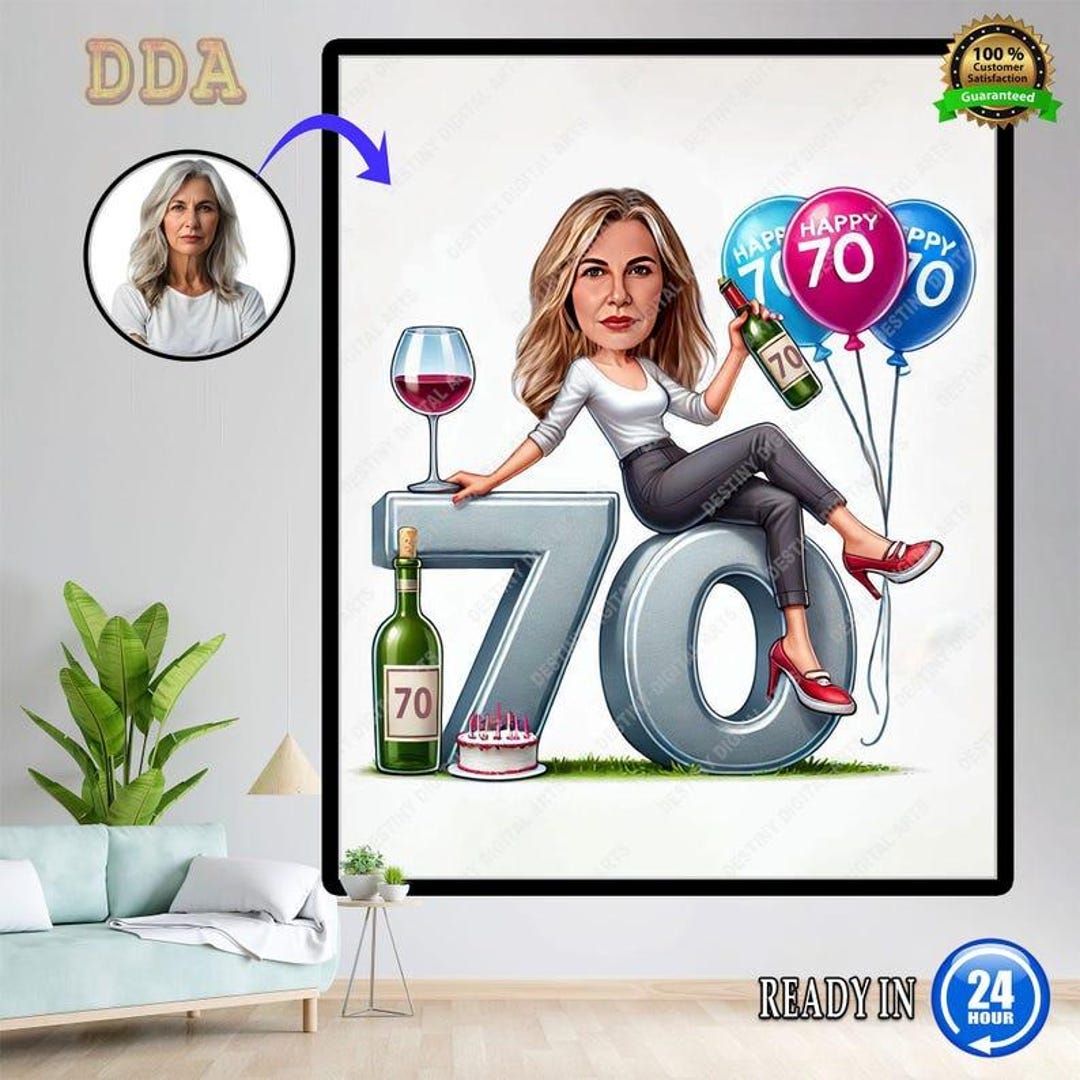 Custom 70th Birthday Female Caricature | Funny Portrait From Photo ...