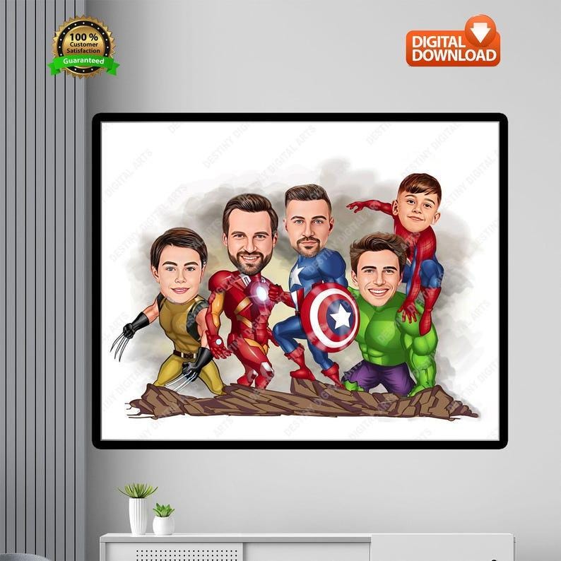 Custom Superhero Brothers Caricature | Funny Comic Portrait ...