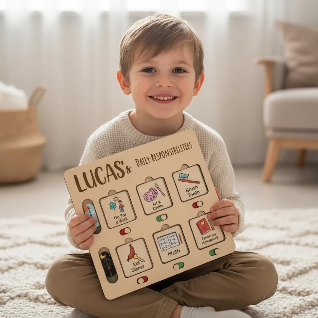 Custom Wooden Chore Chart for Kids | Personalized Daily Routine Tracker ...