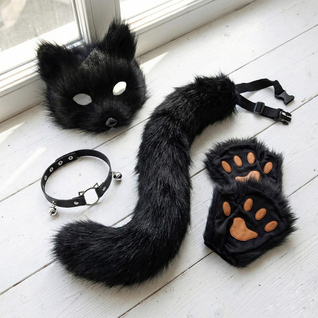 5 Piece Fox Wolf Cat Cosplay Set, Faux Fur Animal Costume Mask Tail ...
