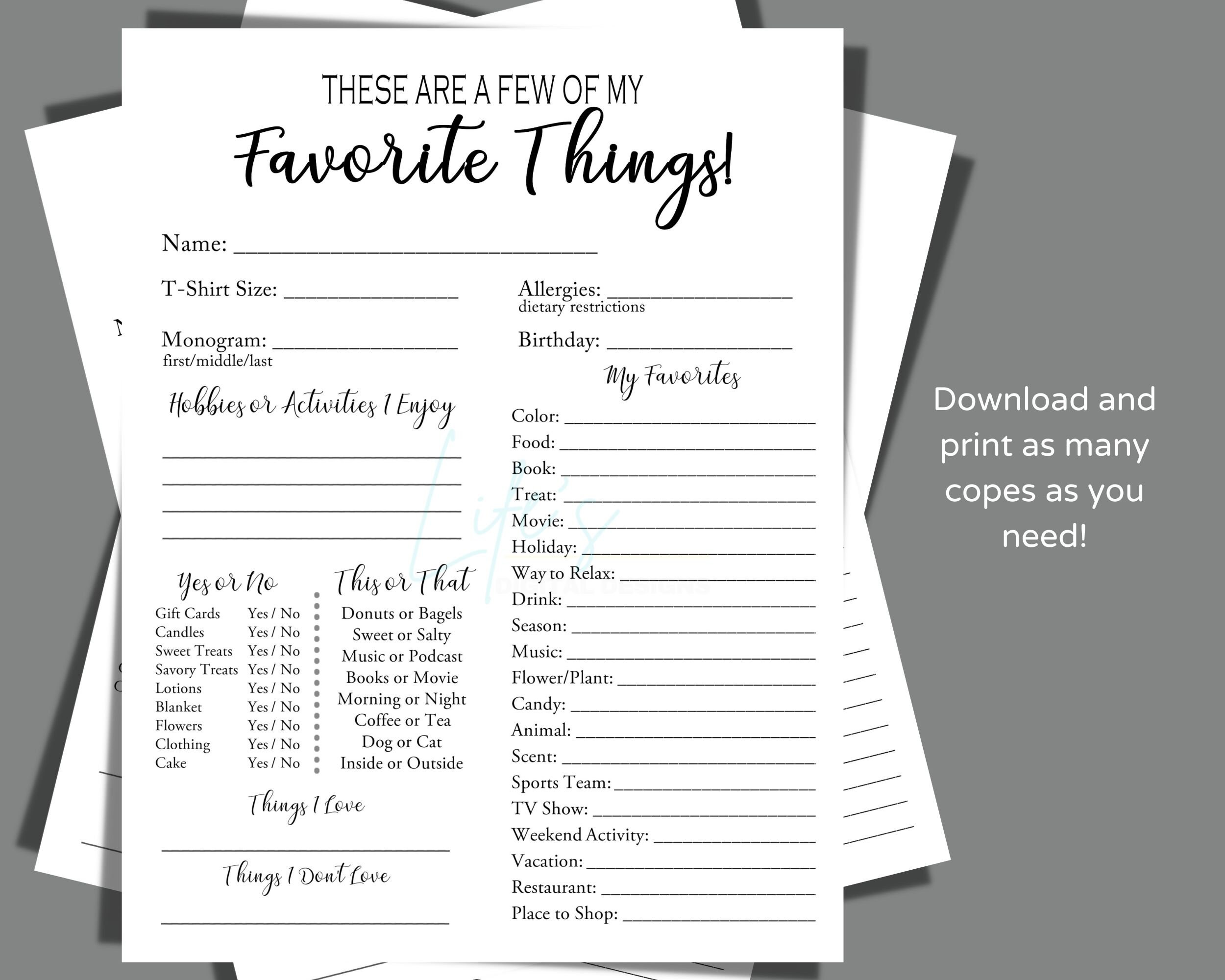 Favorite Things Questionnaire to Download and Print, Coworker Questions ...