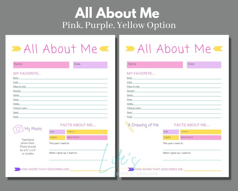 All About Me Form to Download and Print With 3 Color Options for ...