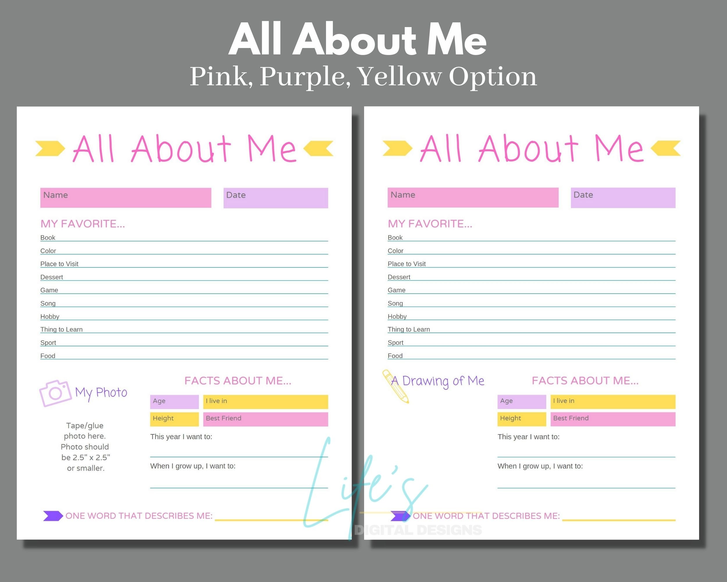 All About Me Form to Download and Print With 3 Color Options for ...