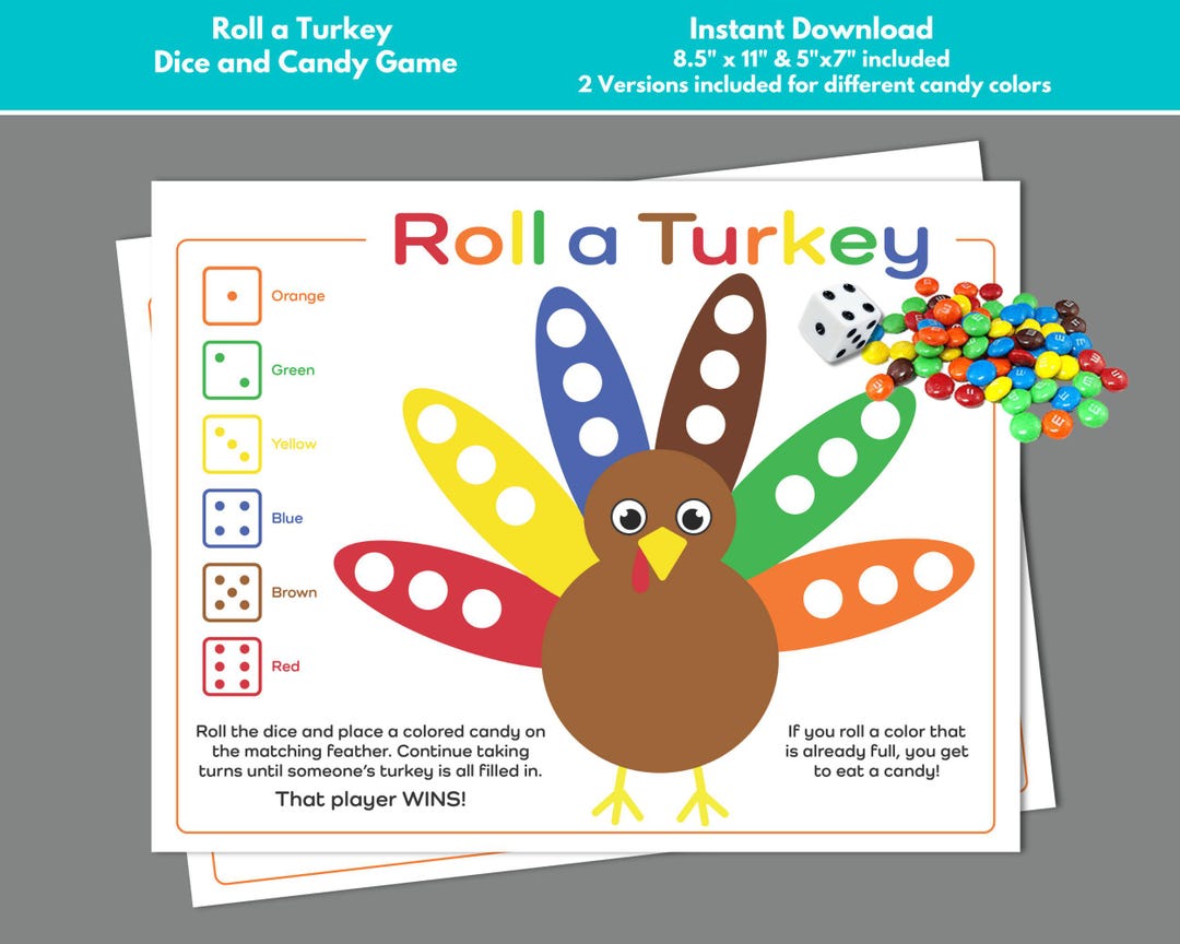 Roll a Turkey Thanksgiving Game Download, Thanksgiving Dice and Candy ...