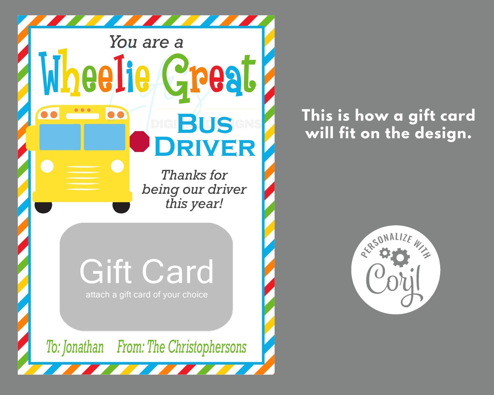 School Bus Driver Gift Card Holder & Card to Edit in Corjl, Download ...