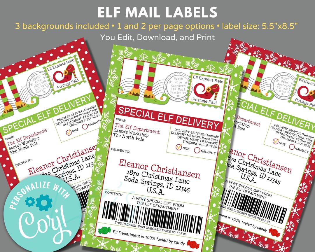 Elf Mail Shipping Labels to Edit Instantly in Corjl, Download and Print ...