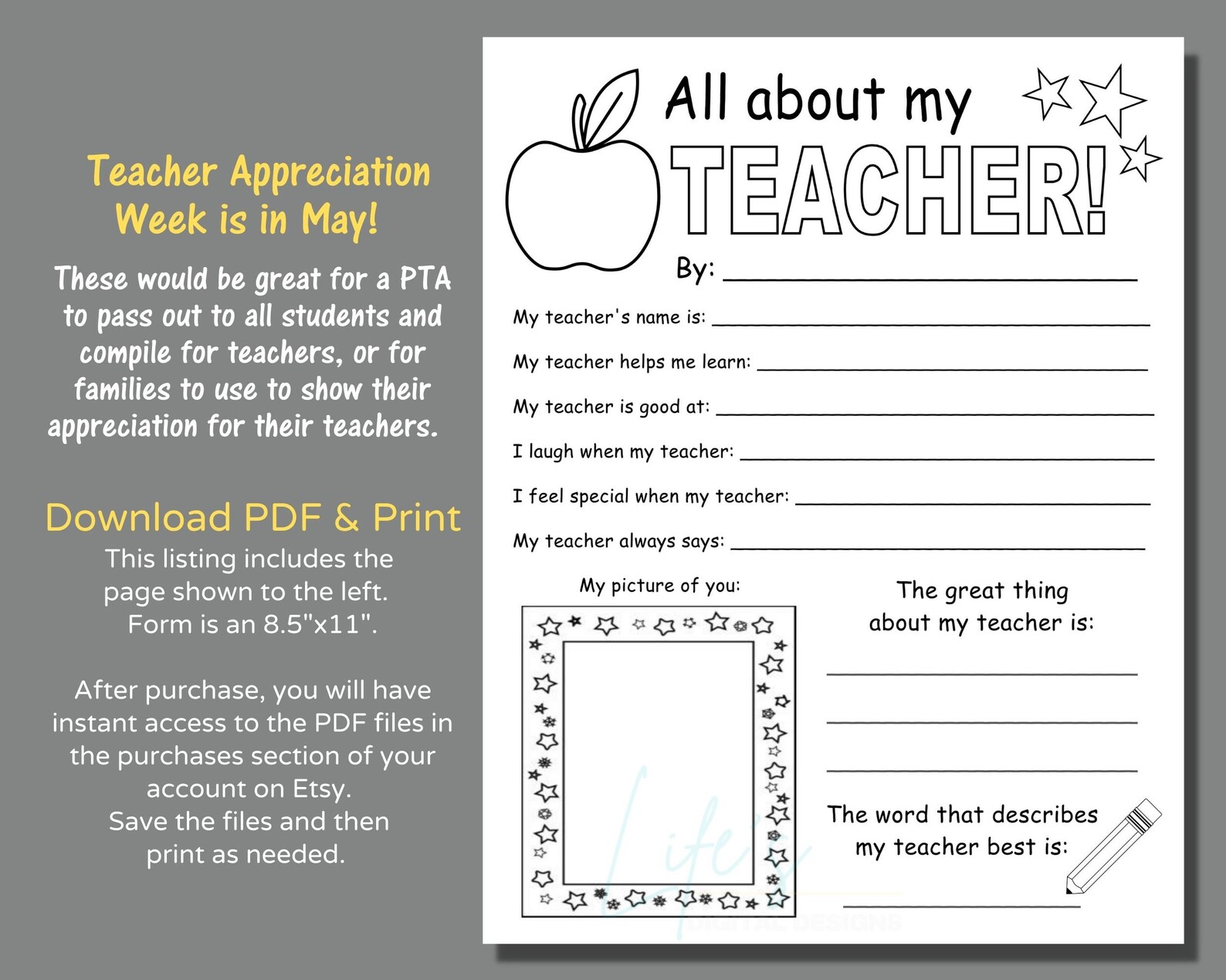 Teacher Appreciation All About My Teacher Coloring Page to Download and ...
