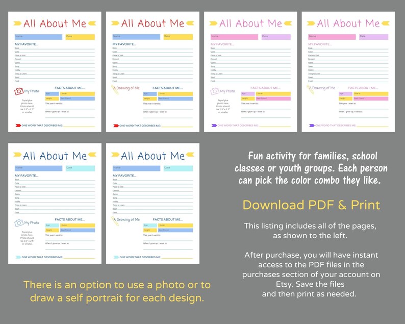 All About Me Form to Download and Print With 3 Color Options - Etsy