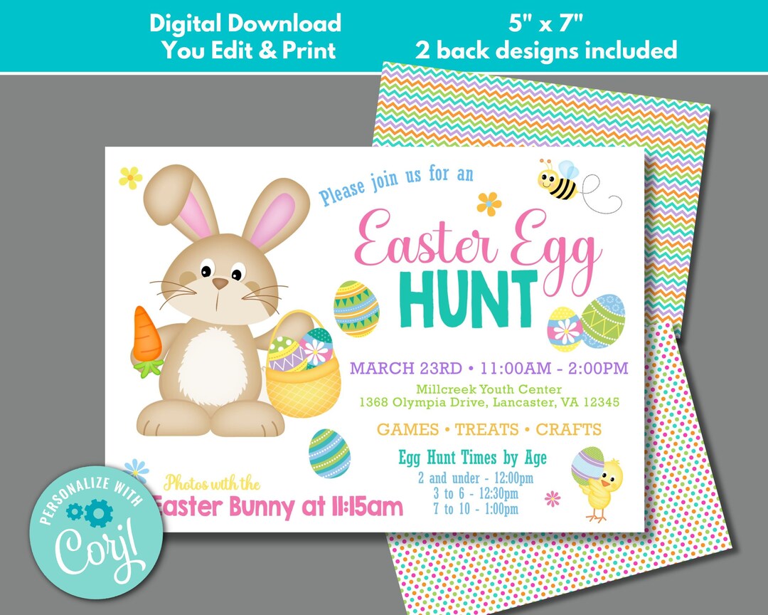 Easter Egg Hunt Invitation to Edit in Corjl, Download and Print, Easter ...