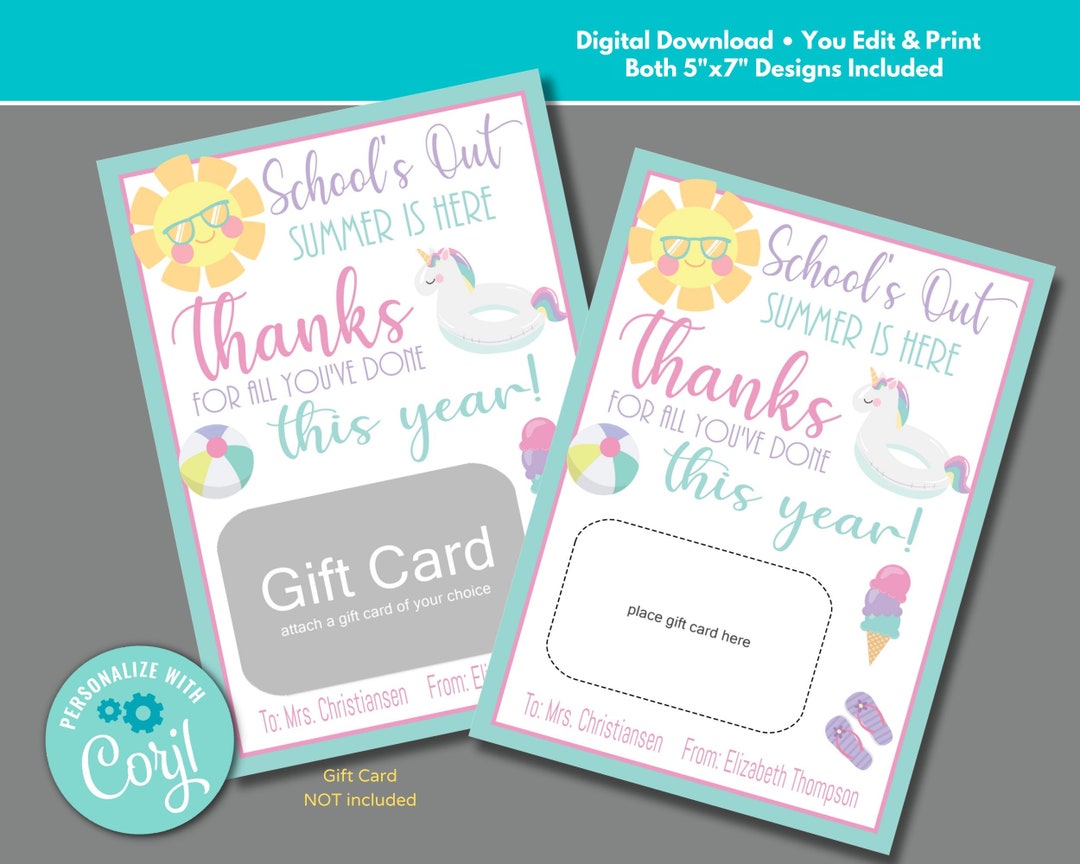 Teacher Appreciation End of School Year Gift Card Holder Edit Download ...