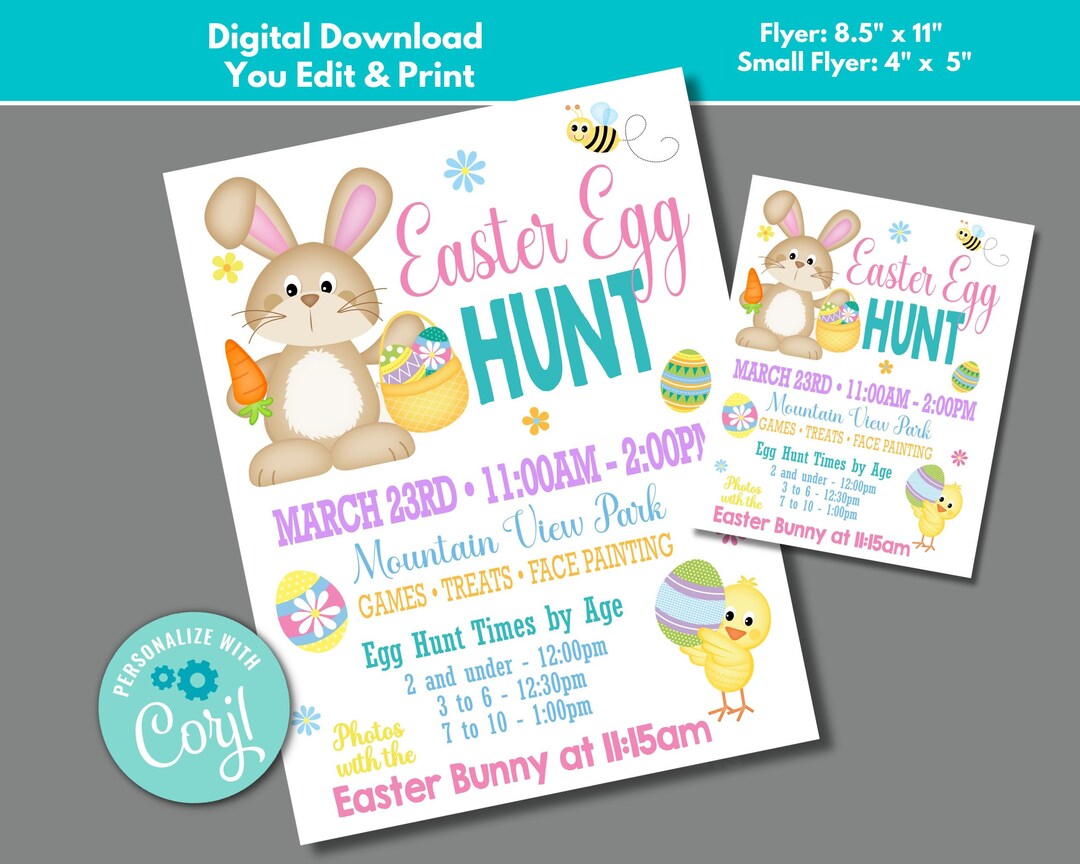 Easter Egg Hunt Flyers to Edit in Corjl, Download and Print, Easter ...
