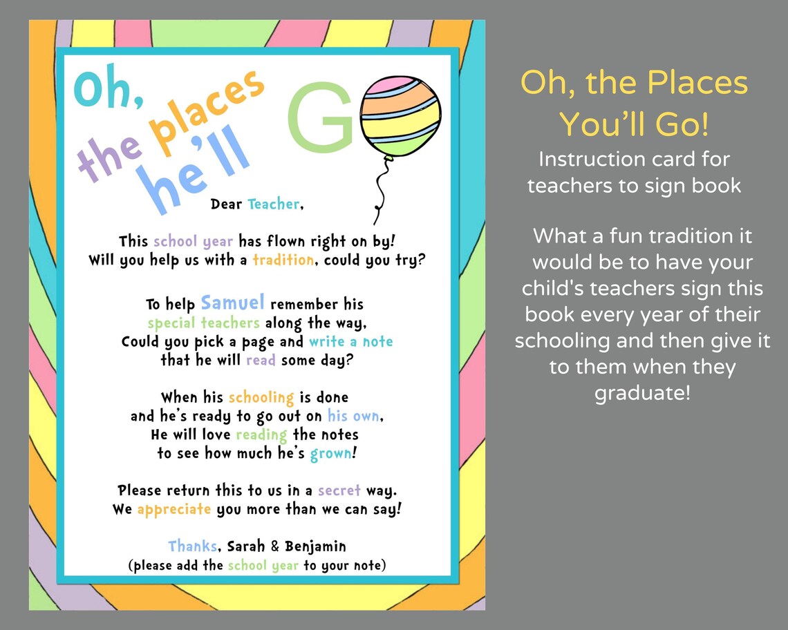 Oh the Places You'll Go Book Instruction Letter for Teachers Sign Book ...