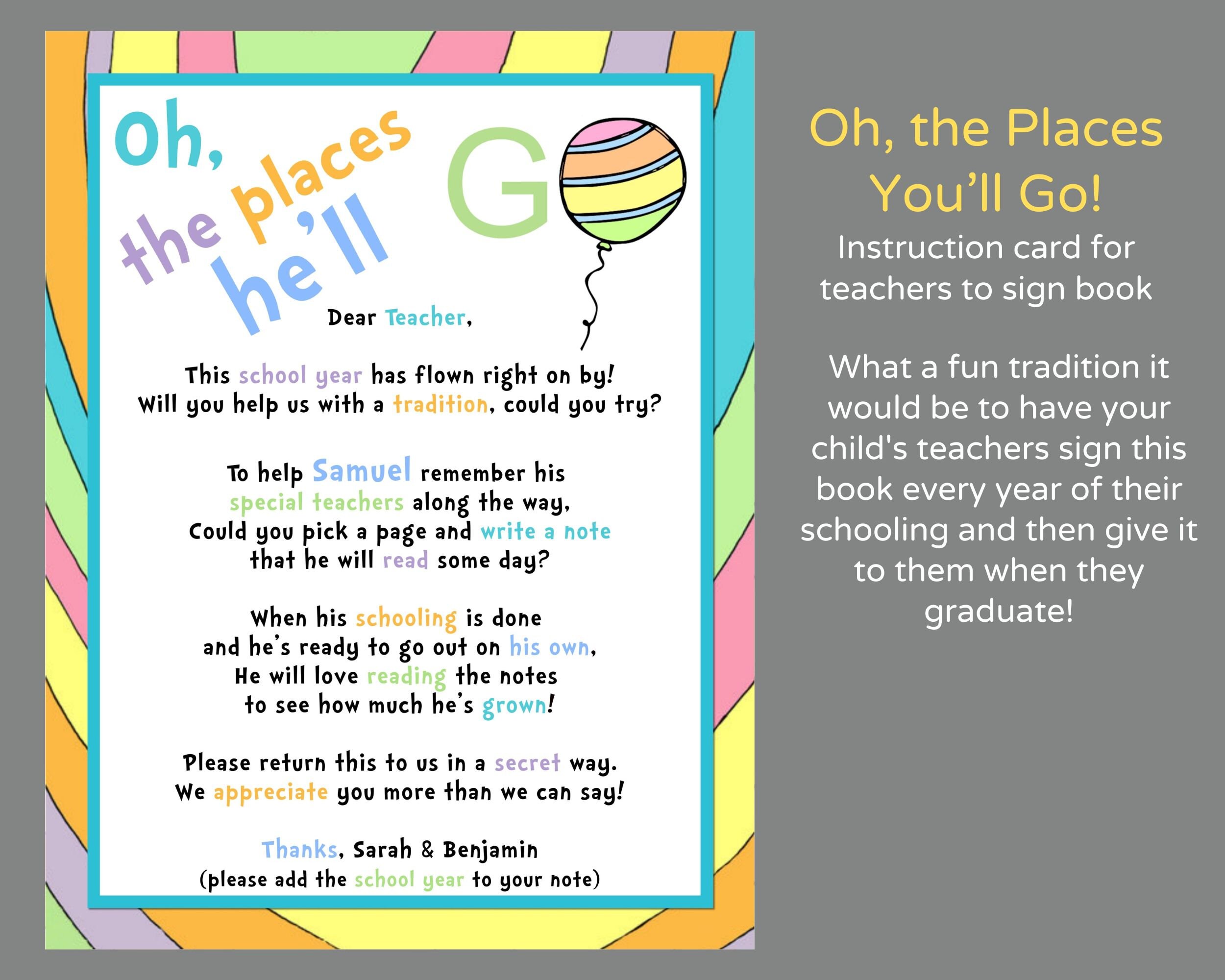 Oh the Places You'll Go Book Instruction Letter for Teachers Sign Book ...