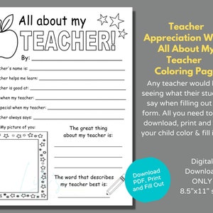Teacher Appreciation All About My Teacher Coloring Page to Download and ...