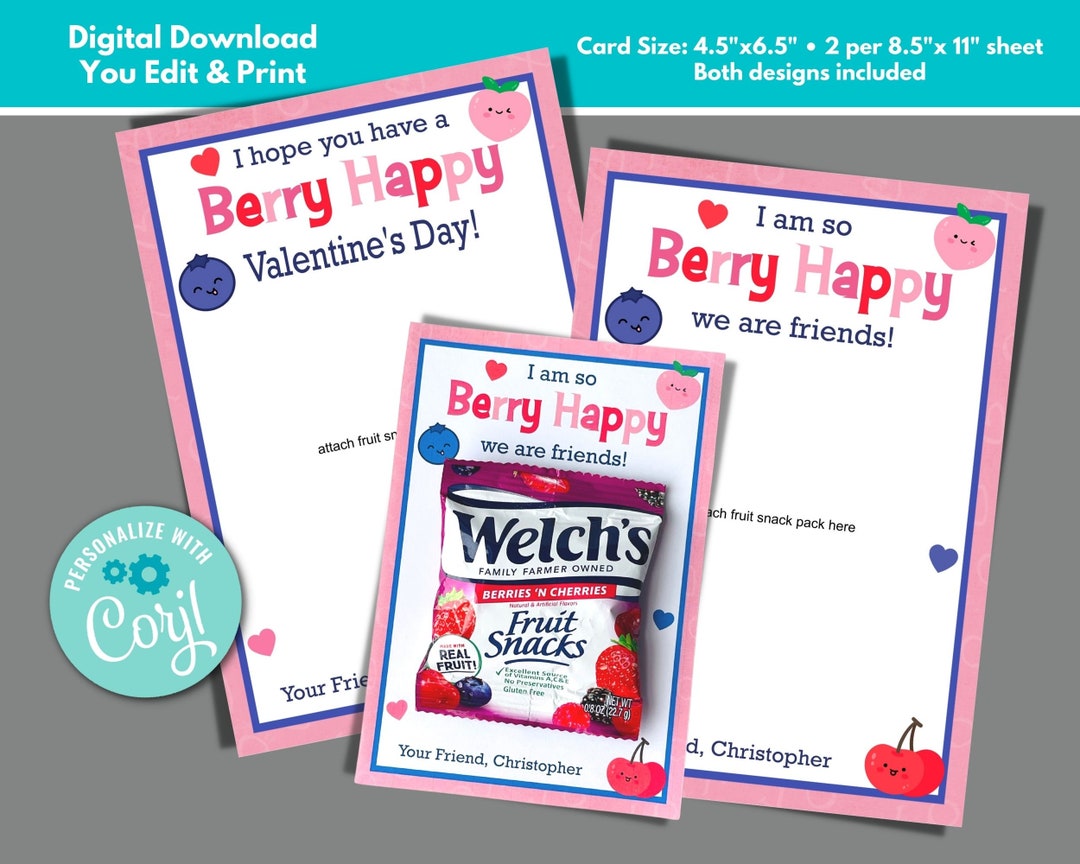 Valentine's Day Fruit Snack Card to Edit Download and Print Berry Happy ...