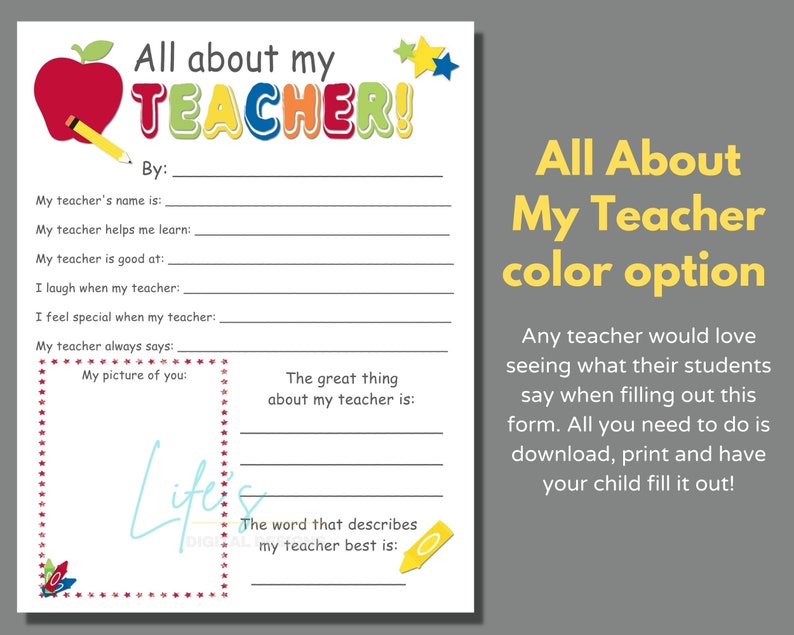 Teacher Appreciation Bundle All About My Teacher in Color and - Etsy