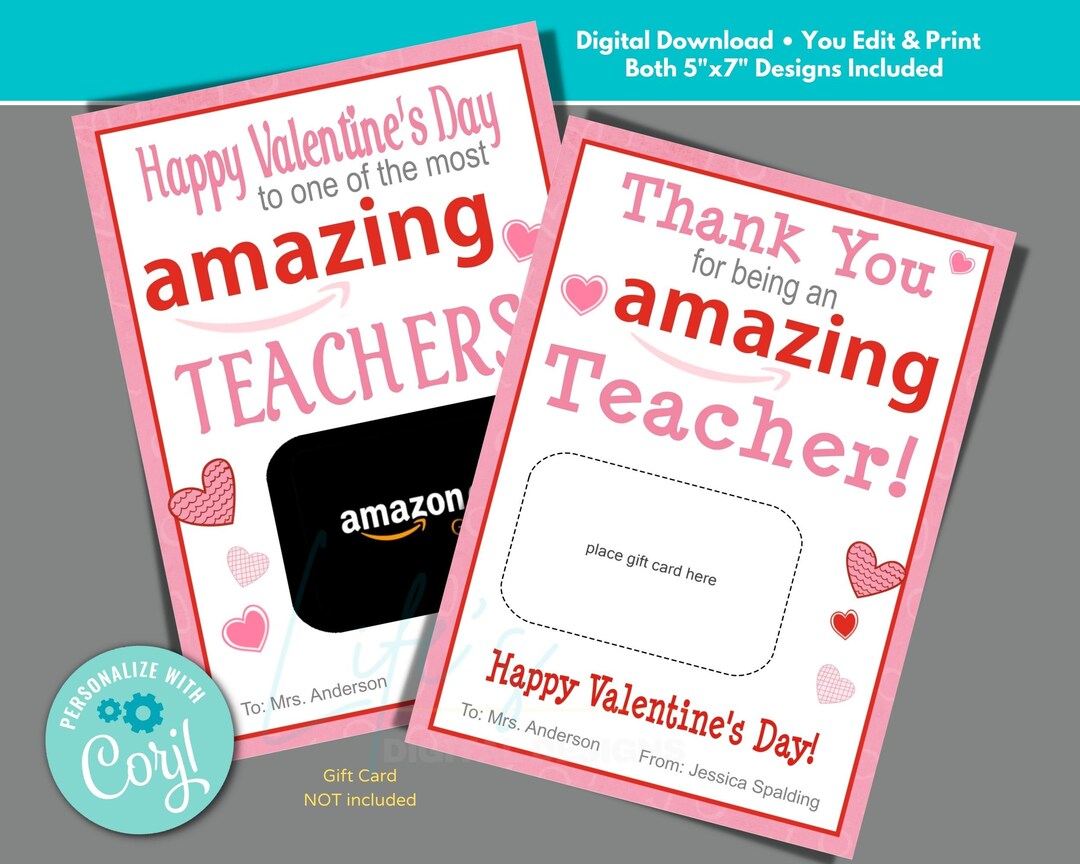 Teacher Valentine's Day Amazon Gift Card Holders to Edit Download and ...