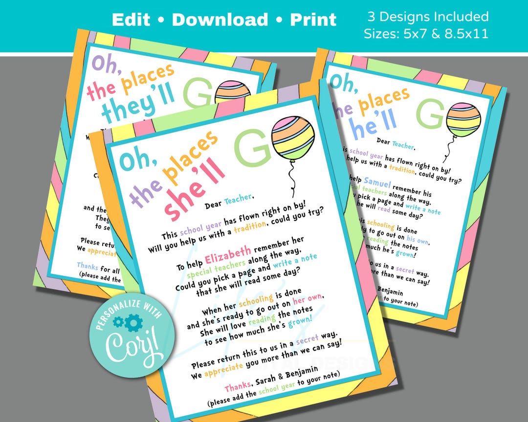 Oh the Places You'll Go Instruction Letter for Teachers to Sign Book ...