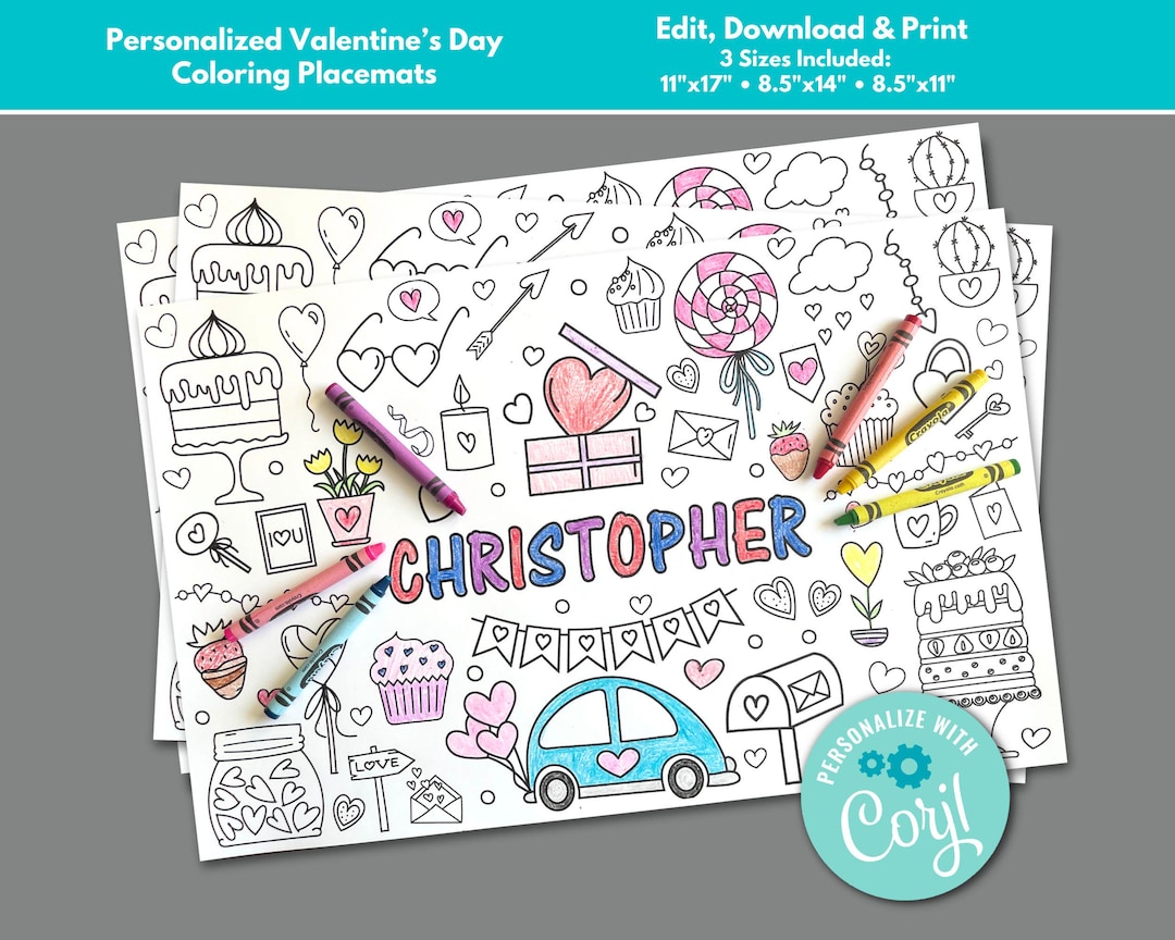 Valentine's Day Coloring Placemats to Instantly Edit in Corjl ...