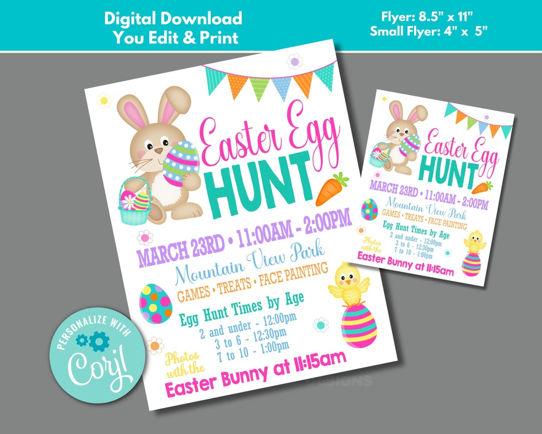 Easter Egg Hunt Flyers to Edit in Corjl, Download and Print, Easter ...