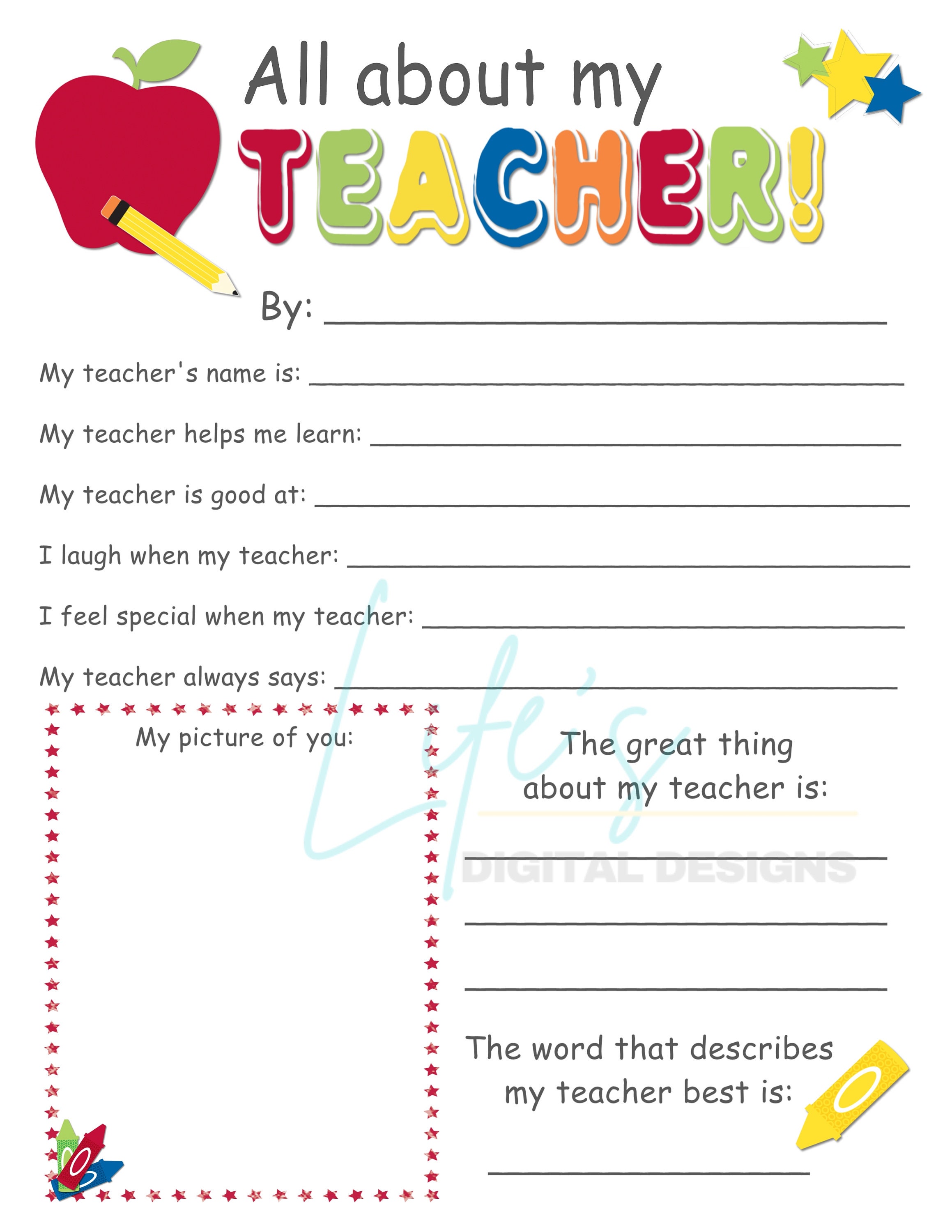 Teacher Appreciation Week All About My Teacher Form to Download and ...