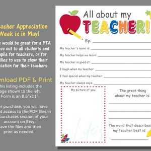 Teacher Appreciation Week All About My Teacher Form to Download and ...