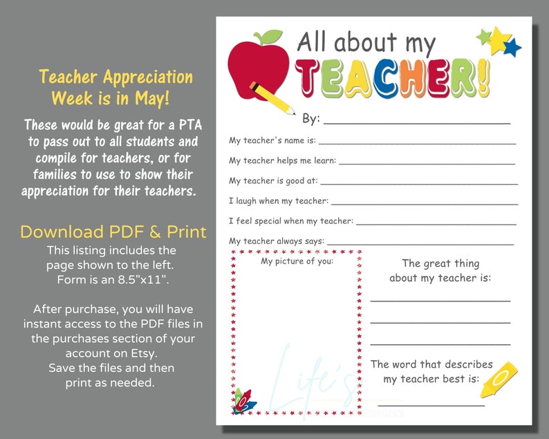 Teacher Appreciation Week All About My Teacher Form to Download and ...