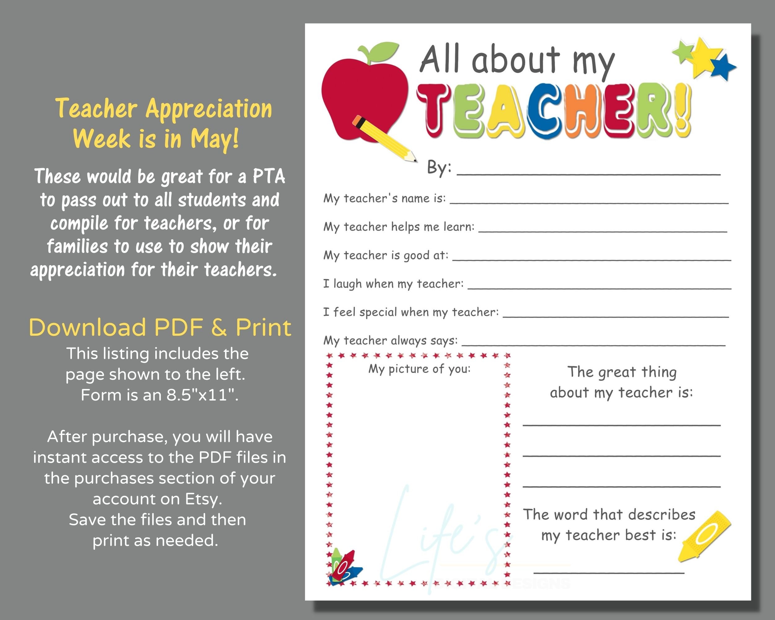 Teacher Appreciation Week All About My Teacher Form to Download and ...