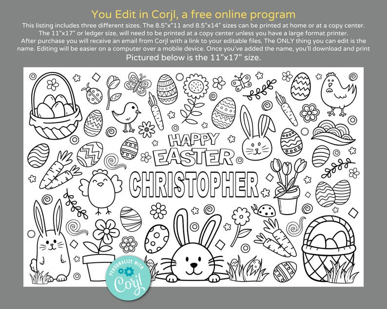 Easter Coloring Placemats to Instantly Edit in Corjl, Personalized ...