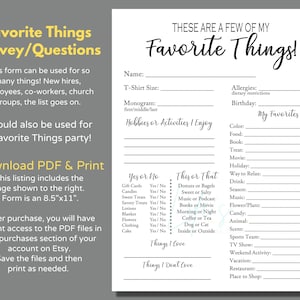 Favorite Things Questionnaire to Download and Print, Coworker Questions ...