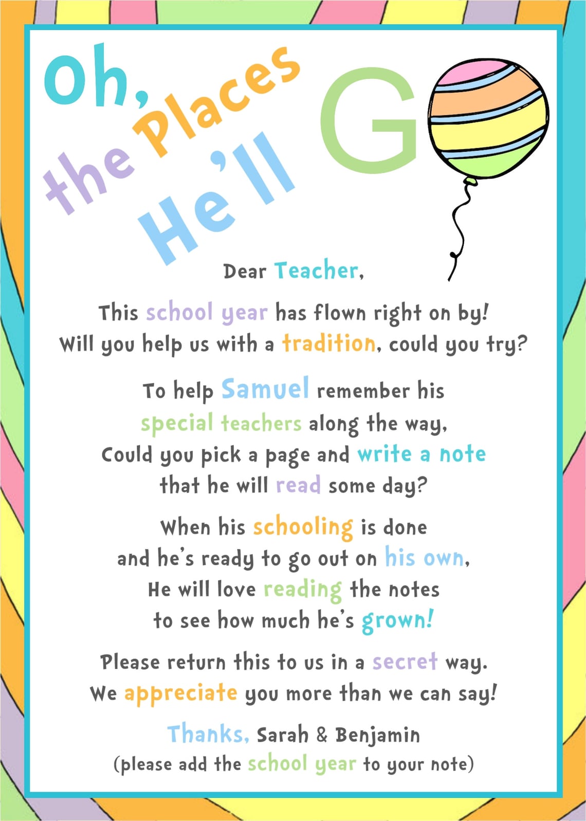 Oh the Places You'll Go Book Instruction Letter for Teachers Sign Book ...