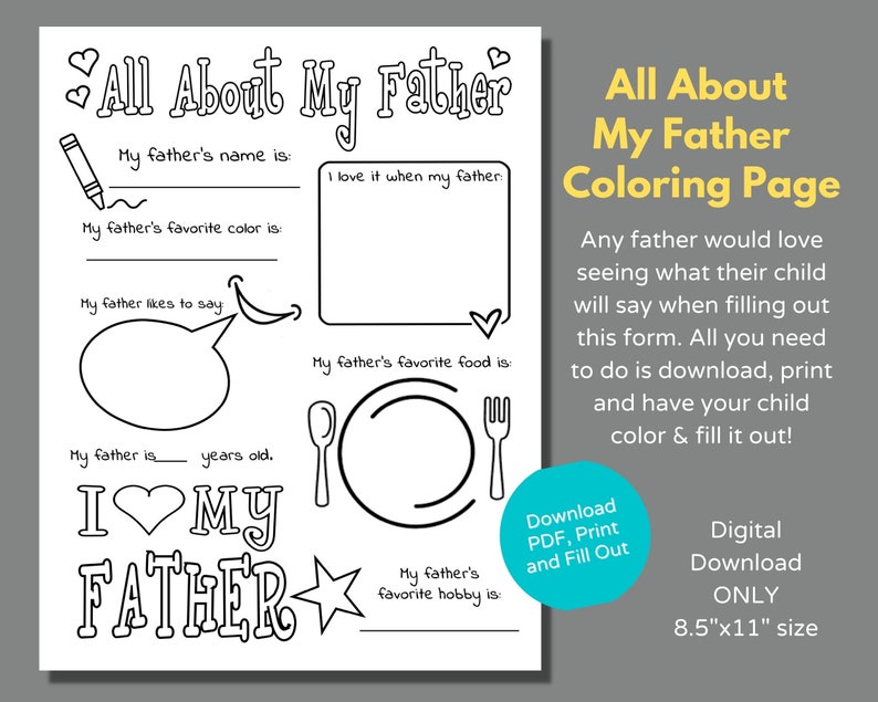 All About My Dad Coloring Page Bundle to Download and Print, Father's ...