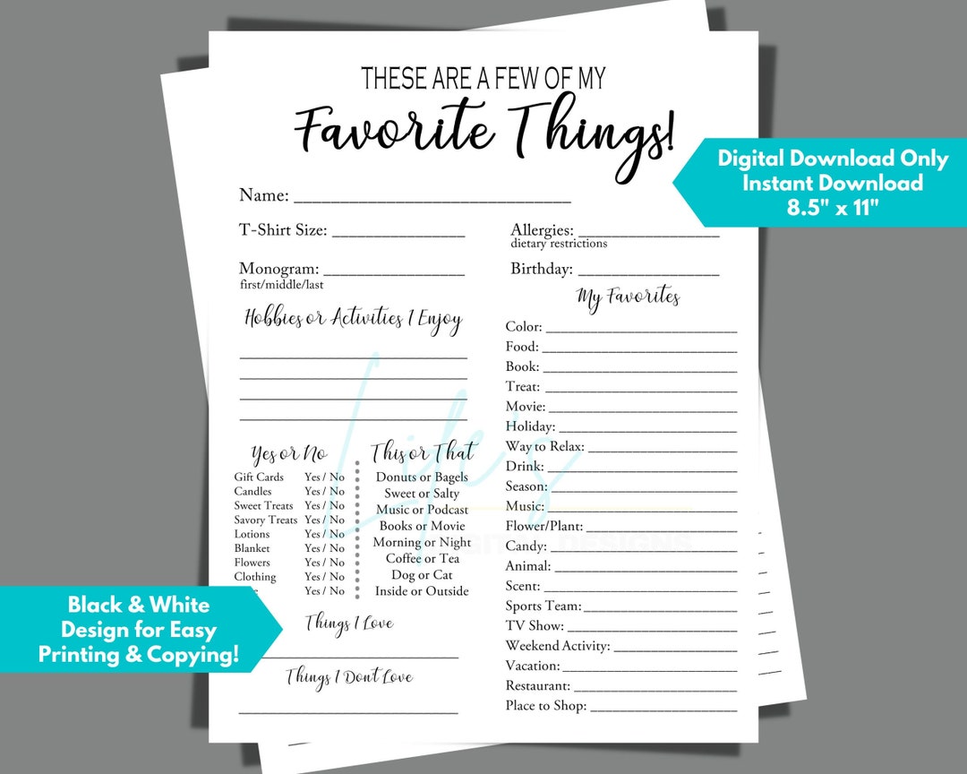 Favorite Things Questionnaire to Download and Print, Coworker Questions ...
