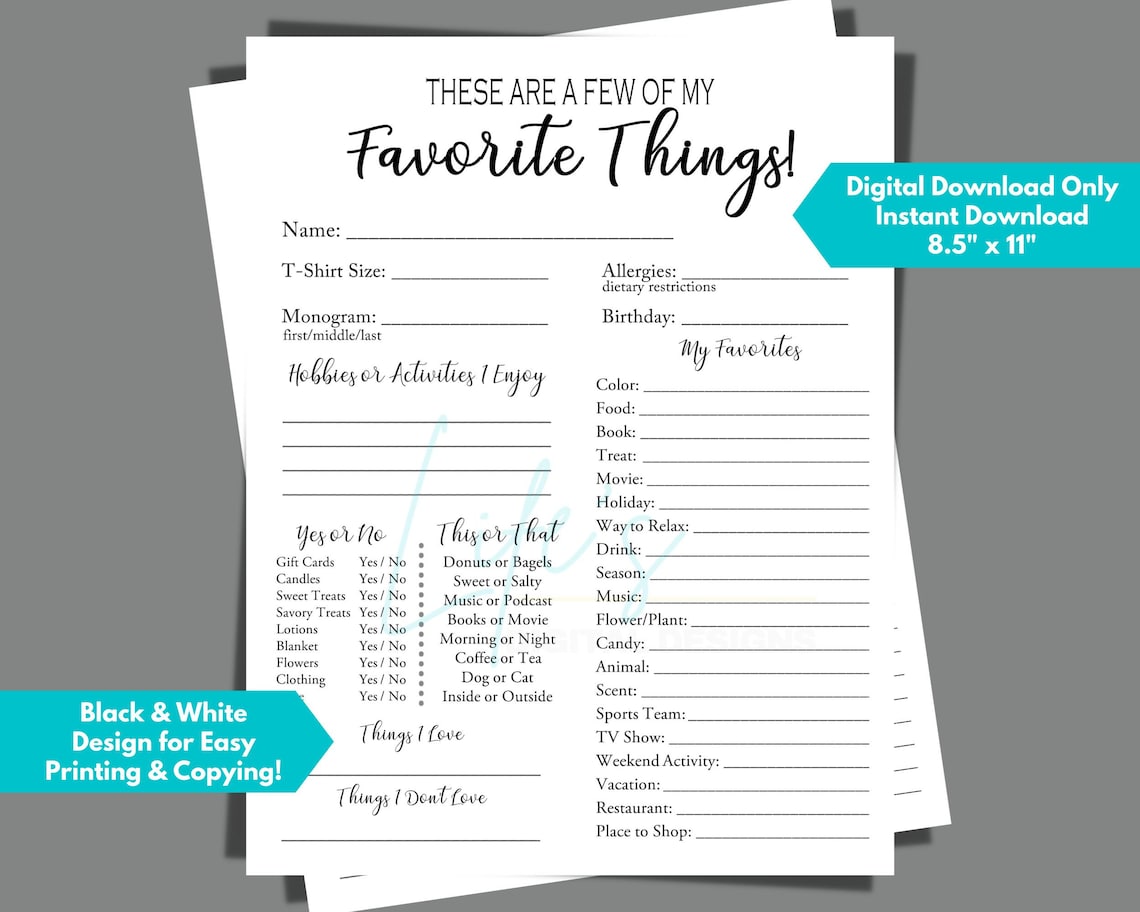 Favorite Things Questionnaire to Download and Print, Coworker Questions ...