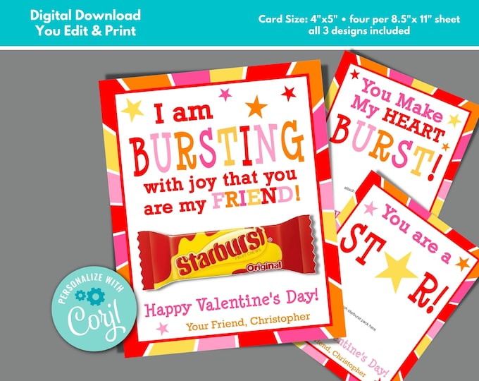 Valentine Classroom Treat Card, Starburst, Attach Candy, Starburst ...
