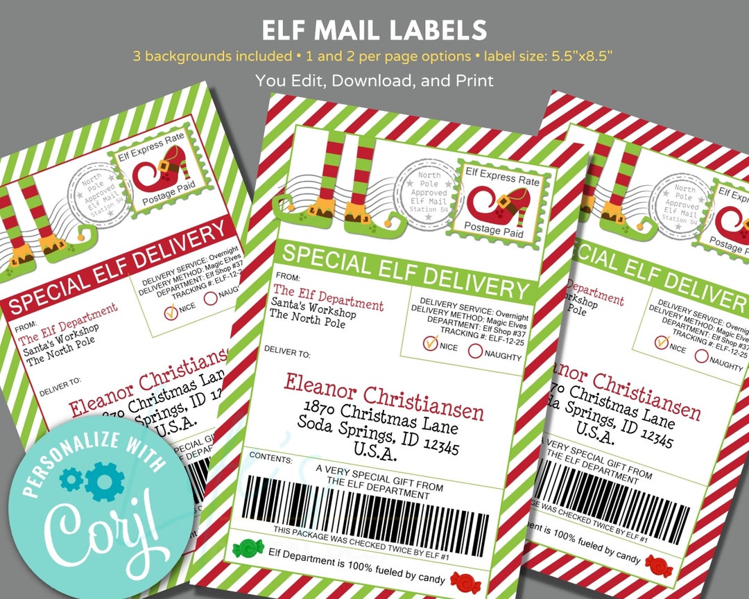 Elf Mail Labels to Edit Instantly in Corjl, Download and Print, Elf ...
