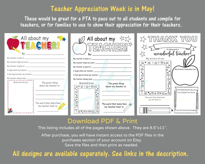 Teacher Appreciation Bundle All About My Teacher in Color and - Etsy