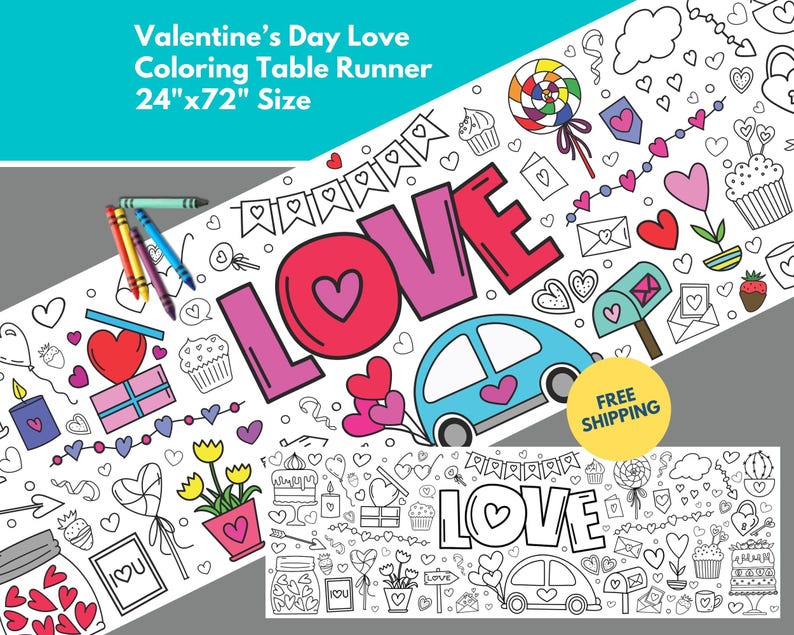 Valentine's Coloring Poster or Table Runner, Love Coloring Banner ...