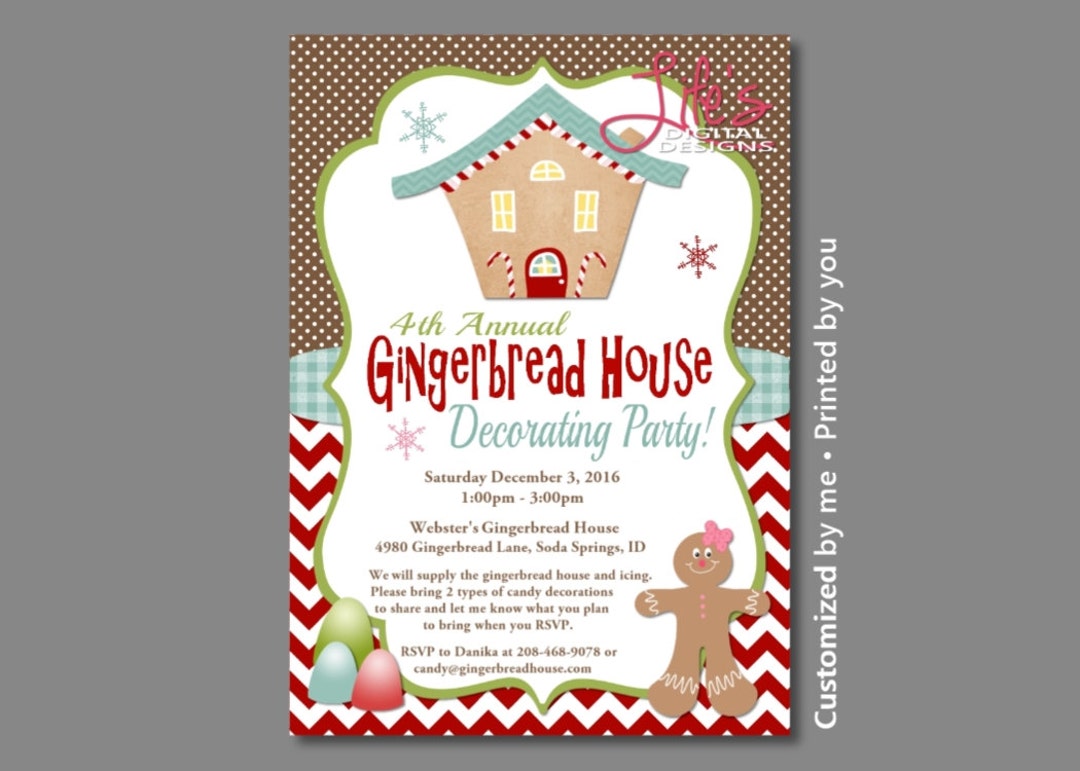 Gingerbread House Party Invitations, Christmas Gingerbread Party, Brown ...